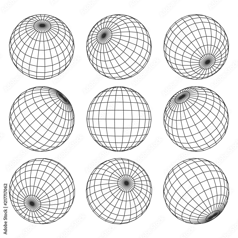 Globe grid. 3d sphere wires, earth network vector isolated set Stock ...