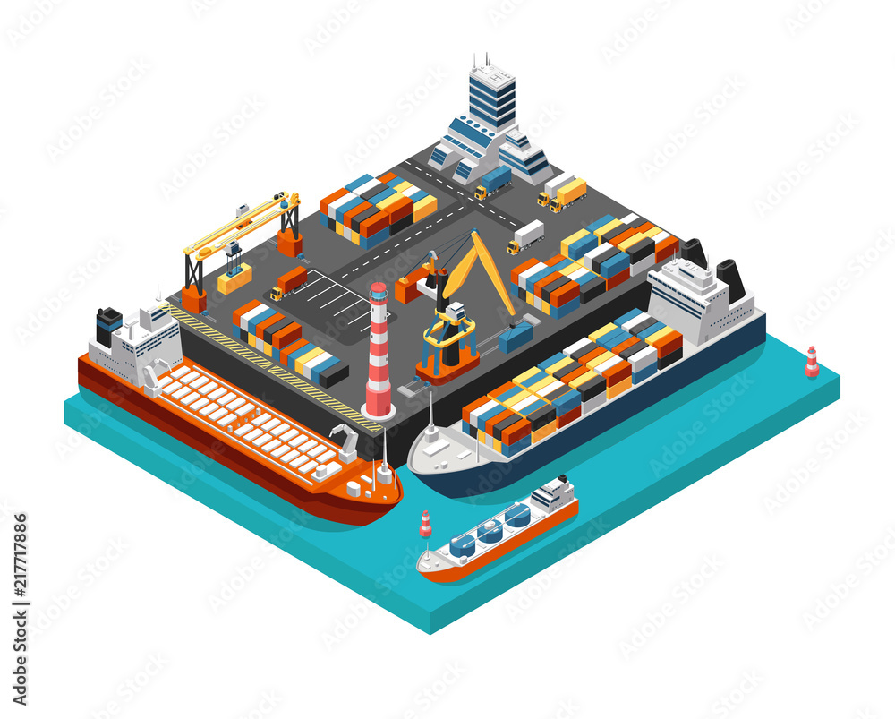 Isometric 3d seaport terminal with cargo ships, cranes and containers ...