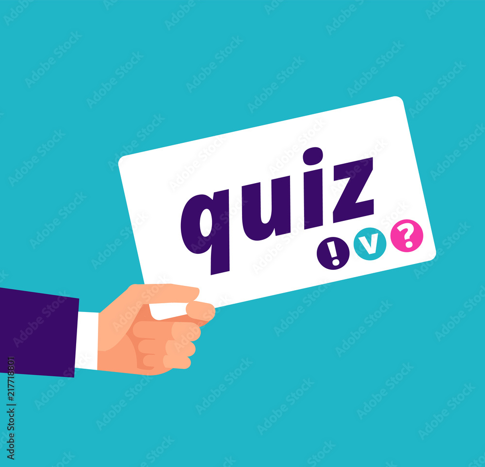 Quiz concept. Hand holding banner with quiz text. Cartoon vector ...