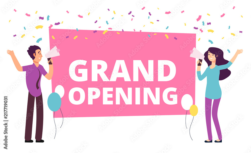Announcement concept. Woman and man with loudspeaker at grand opening ...