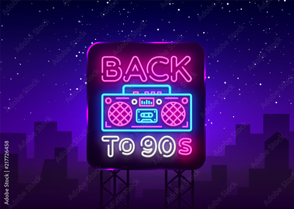 Back to 90s neon poster, card or invitation, design template. Retro ...