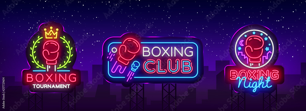 Collection Boxing neon signs. Design vector template. Boxing Tournament ...
