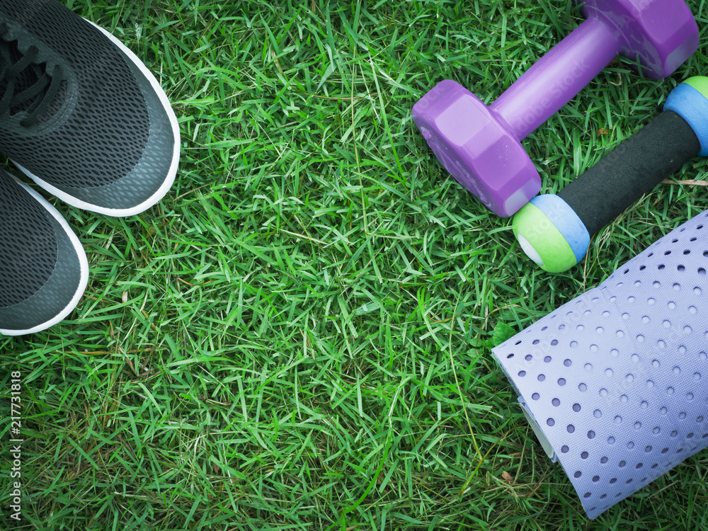 healthy lifestyle and outdoor concept from exercise object with shoe ...