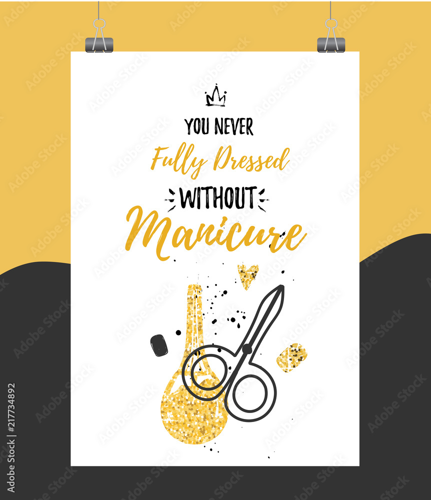 Manicure poster in modern style for nail salon with golden glitter ...