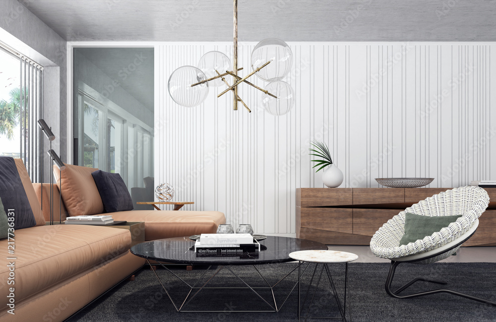 Modern living room interior design 3D Rendering Stock Illustration ...