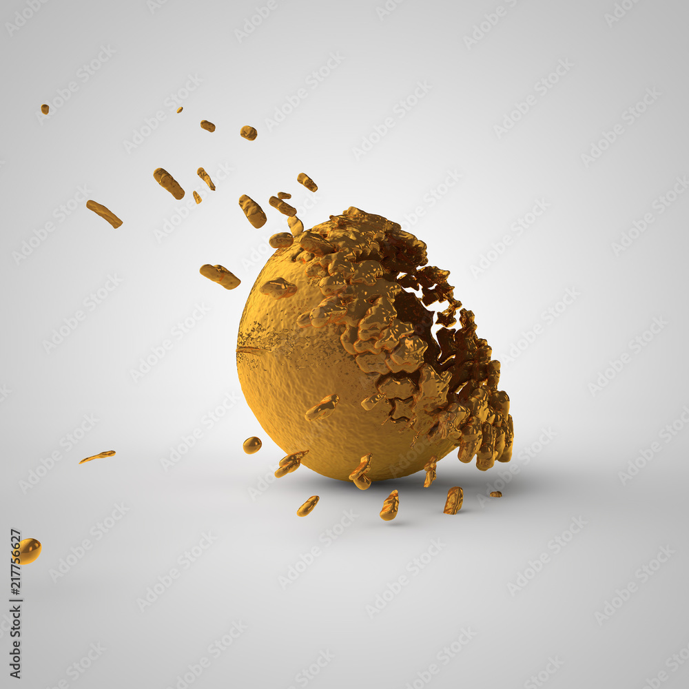 molten gold sphere in one place and shatters into pieces, on a white ...