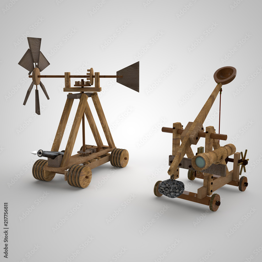 Catapult with a sight and a windmill on a white background, 3d ...