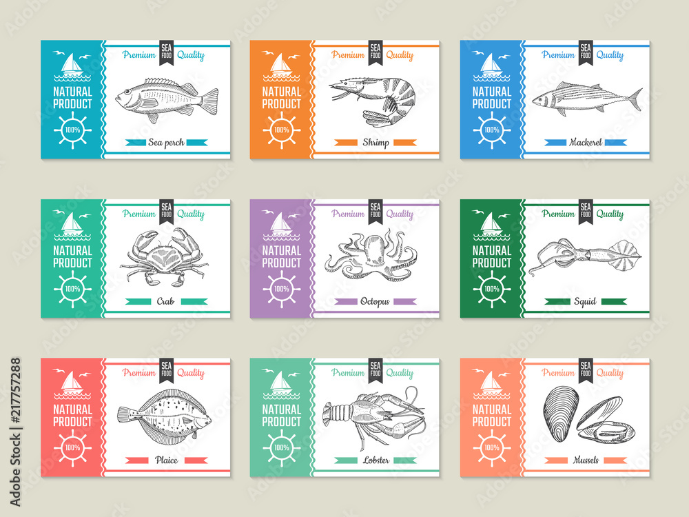 Seafood labels. Design template with hand drawn illustrations of fish ...