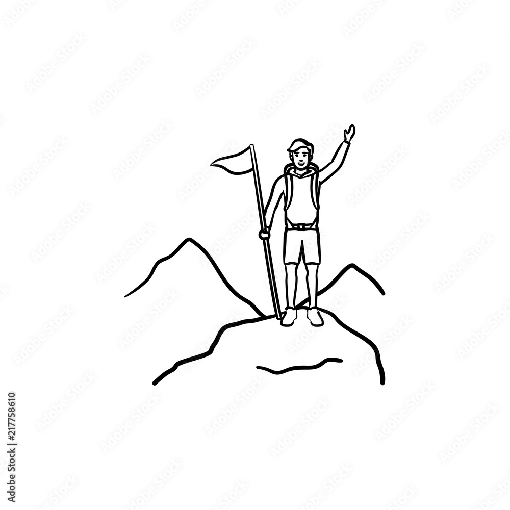 Climber with flag standing on top of mountain hand drawn outline doodle ...