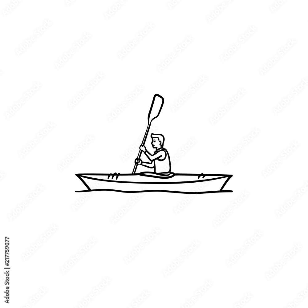 Man riding canoe hand drawn outline doodle icon. Water sport ...