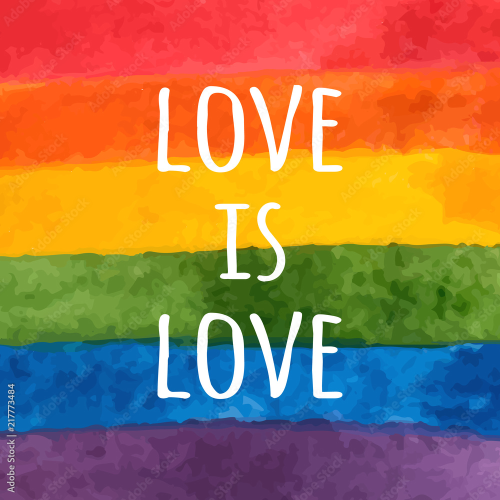 Watercolor LGBT flag. Hand painted rainbow. Tolerance day card. Love is ...