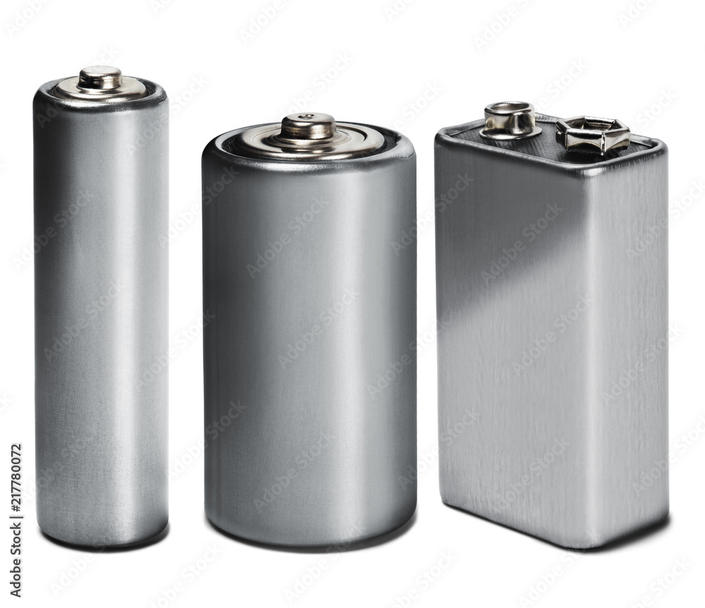 batteries AAA, AA and PP3 on white isolated background. Concept of ...