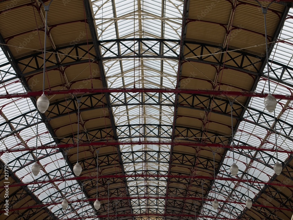 Perspective view of traditional train station's roof with steel frame ...