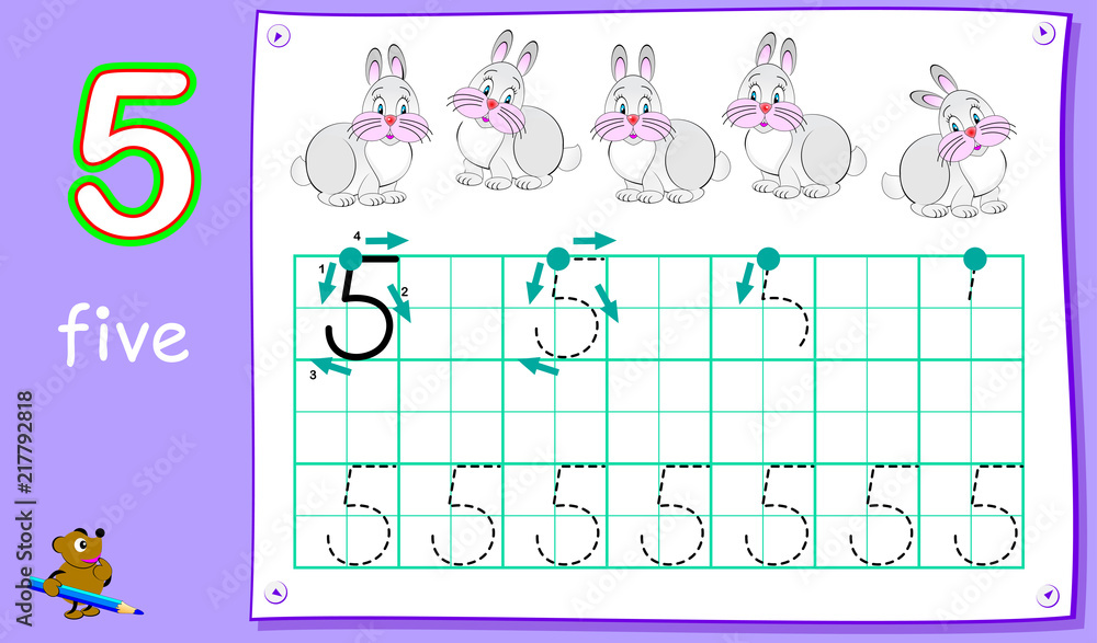 Educational page for young children with number five. Developing skills ...