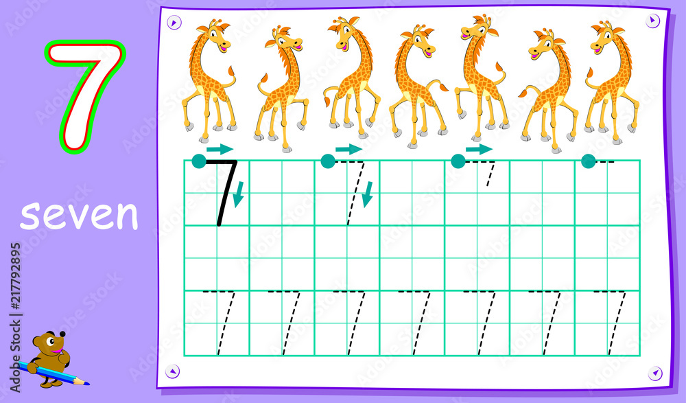 Educational page for young children with number seven. Developing ...