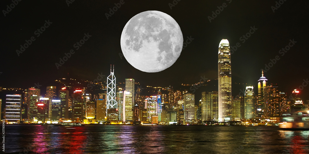 The Hong Kong Skyline and super moon Stock Photo | Adobe Stock