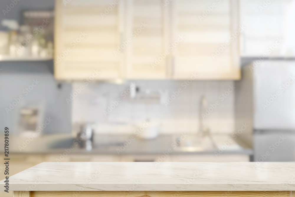 White marble countertops with modern kitchen room background. Stock ...