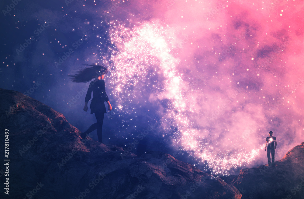 Walk of love,Couple walking to each other,3d illustration conceptual ...