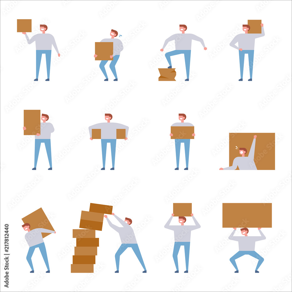Various poses of a man holding a box. flat design style vector graphic ...