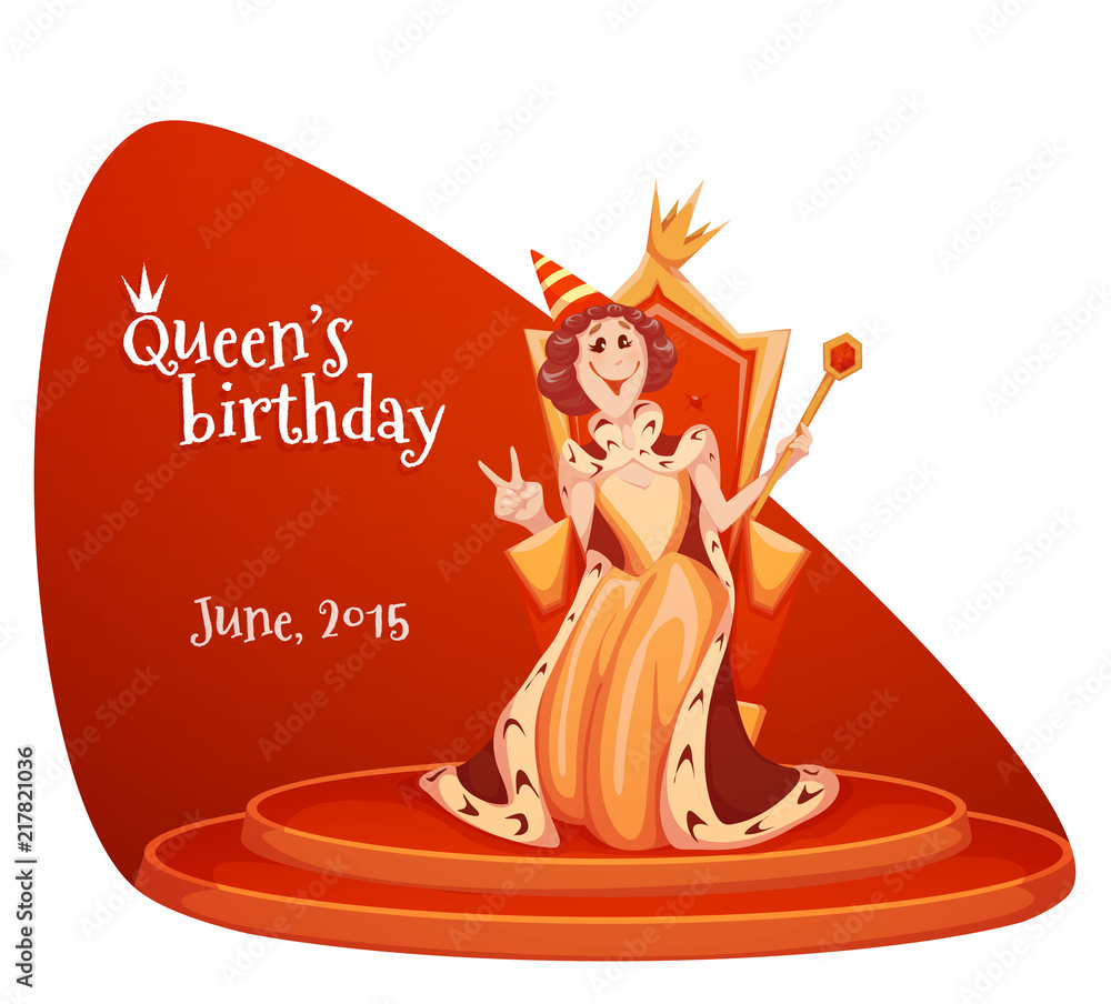 Queen birthday celebration. Queen sit on gold throne. Vector ...