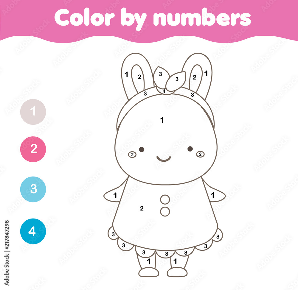Coloring page with cute bunny character. Color by numbers printable ...