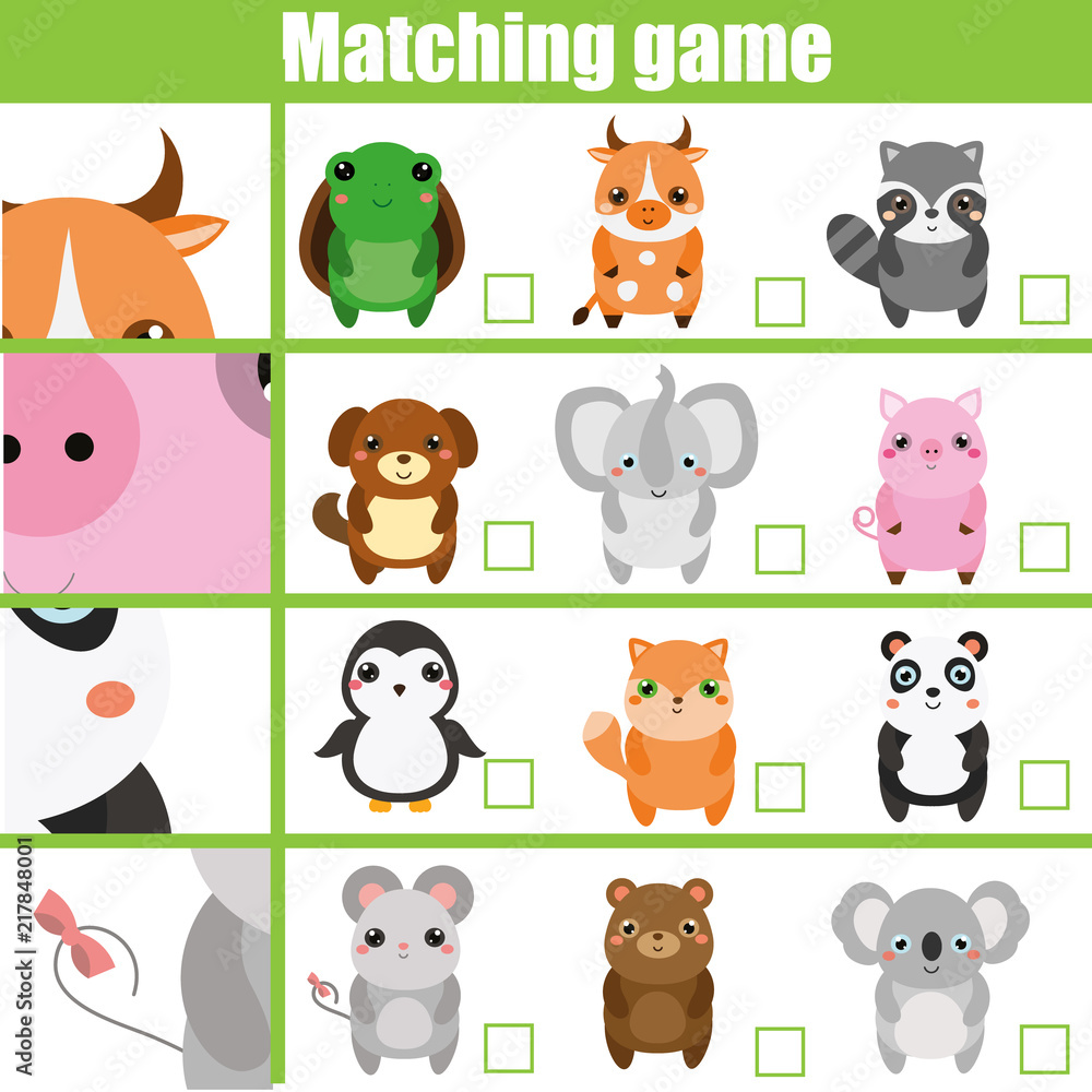 Matching game. Educational children activity with cute animals ...
