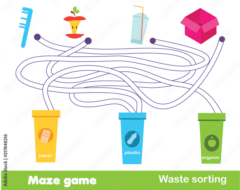 Maze game: waste sorting. Put trash into garbage bins. Ecology theme ...