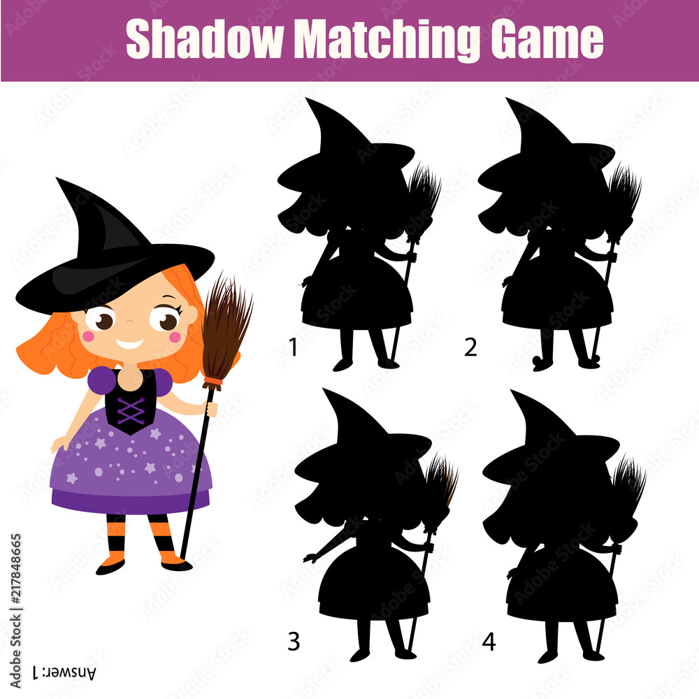 Shadow matching game. Kids activity with girl in witch costume ...