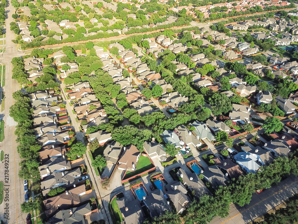 Aerial view suburb growing outside Dallas downtown in Irving, Texas ...