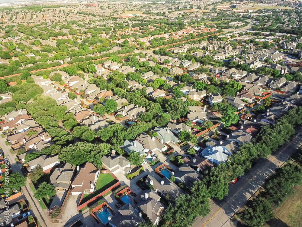 Aerial view suburb growing outside Dallas downtown in Irving, Texas ...