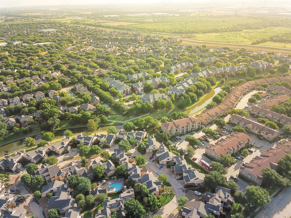 Top view urban sprawl in Dallas-Fort Worth area. Apartment building ...