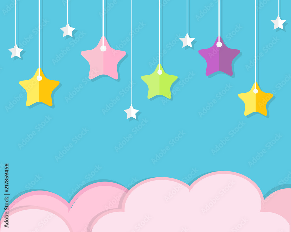 Sky background with pink clouds and colorful hanging stars. Background ...