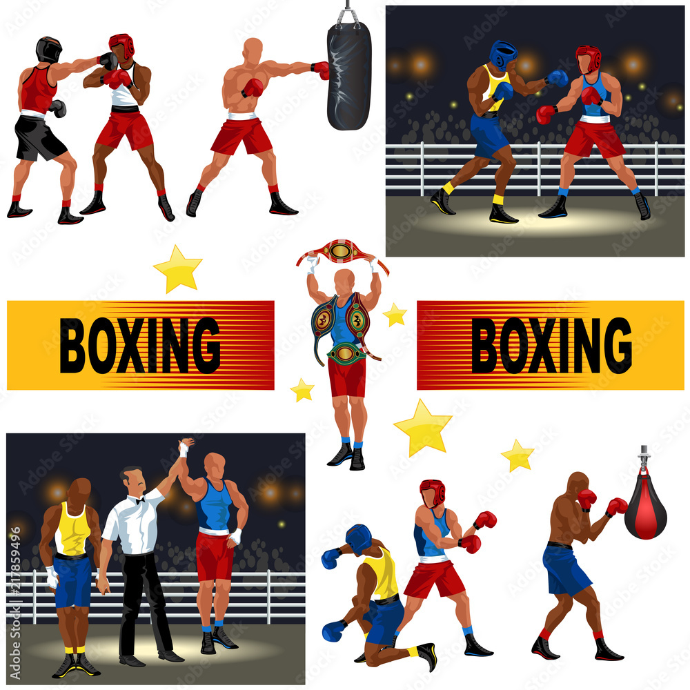 Boxing colorful set consist of boxers fighting in ring man with ...