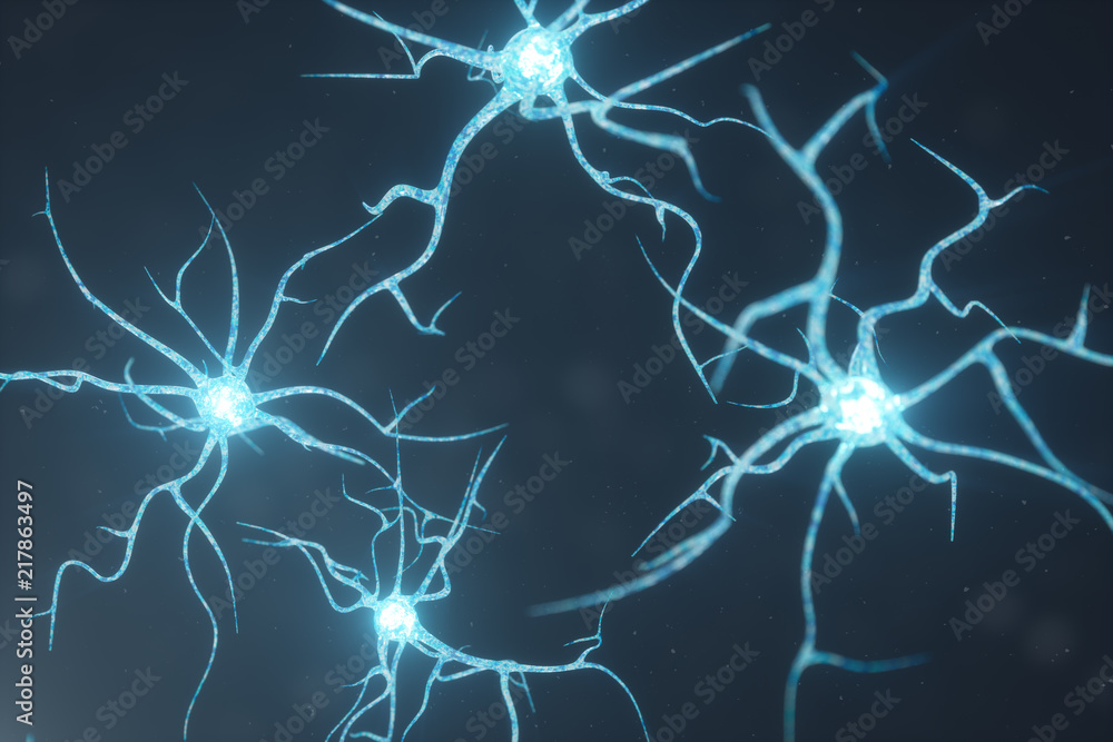 Conceptual illustration of neuron cells with glowing link knots ...