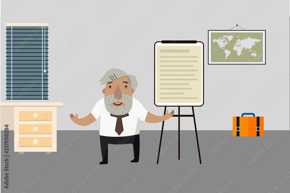 Professor-historian in the room. Flip chart. Animated character ...