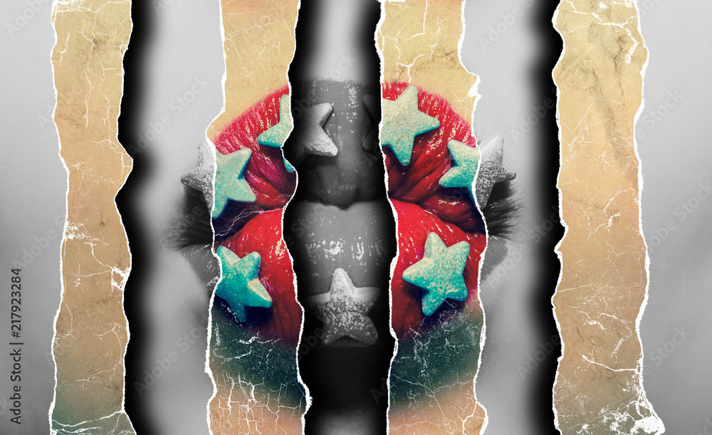 Female lips with red lipstick and candies on the lips in the form of ...