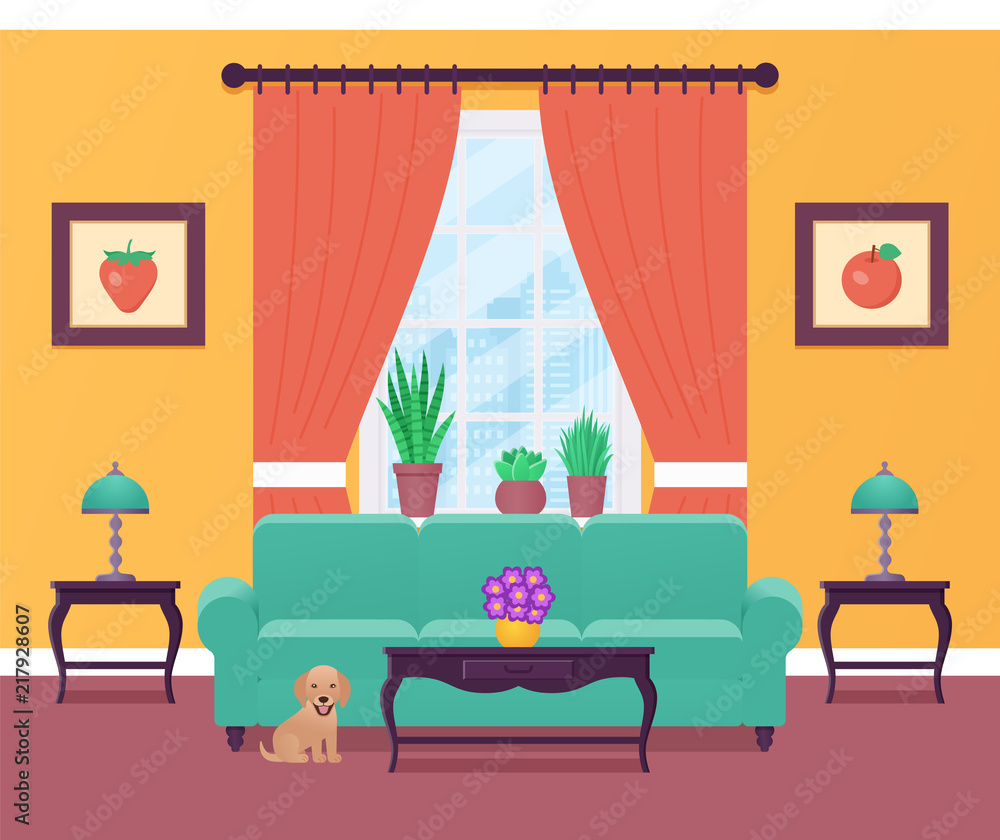 Living room interior. Vector illustration. Home flat design with ...