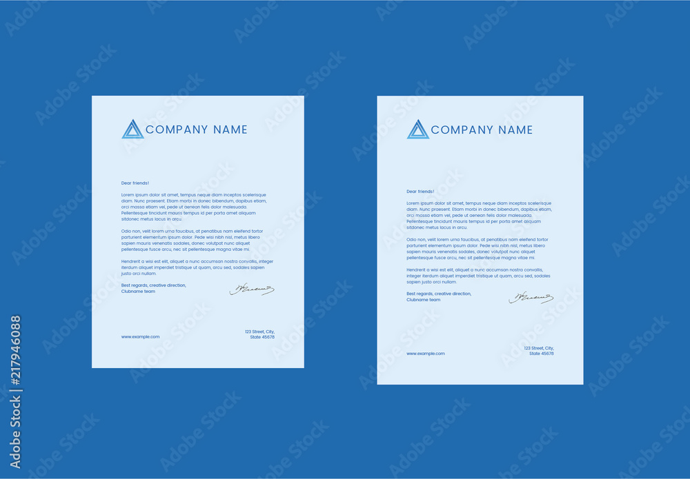 Letterhead Layout with Blue Triangle Elements Stock Template | Adobe Stock