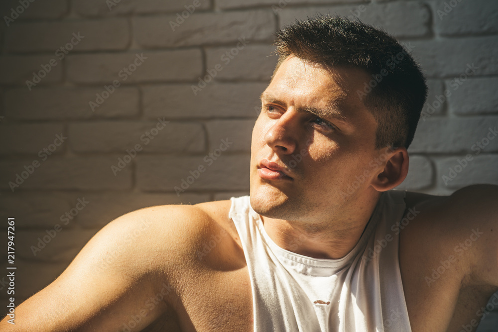 Handsome guy with healthy skin. Man with young face. Macho with short ...