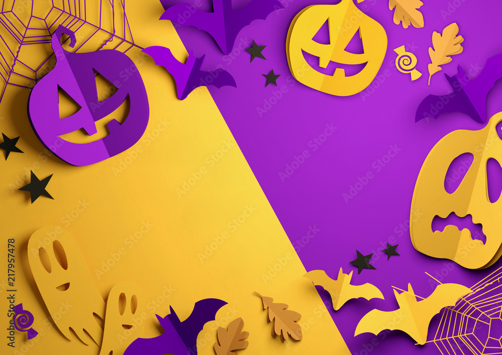 Folded Paper art origami. Purple and Orange Halloween background with ...
