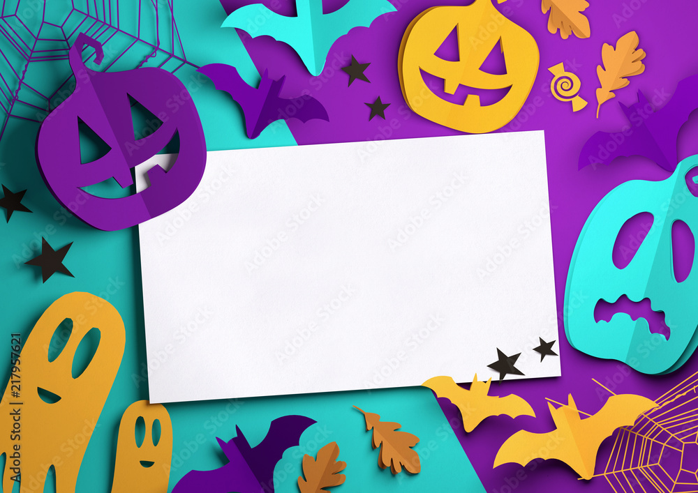 Folded Paper art origami. Purple, Orange and cyan Halloween background ...