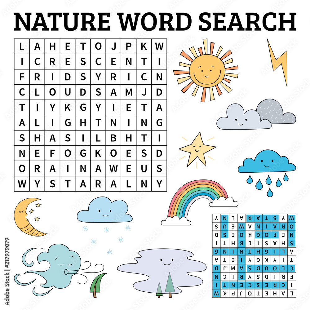 Learn English with a nature word search game for kids. Vector ...