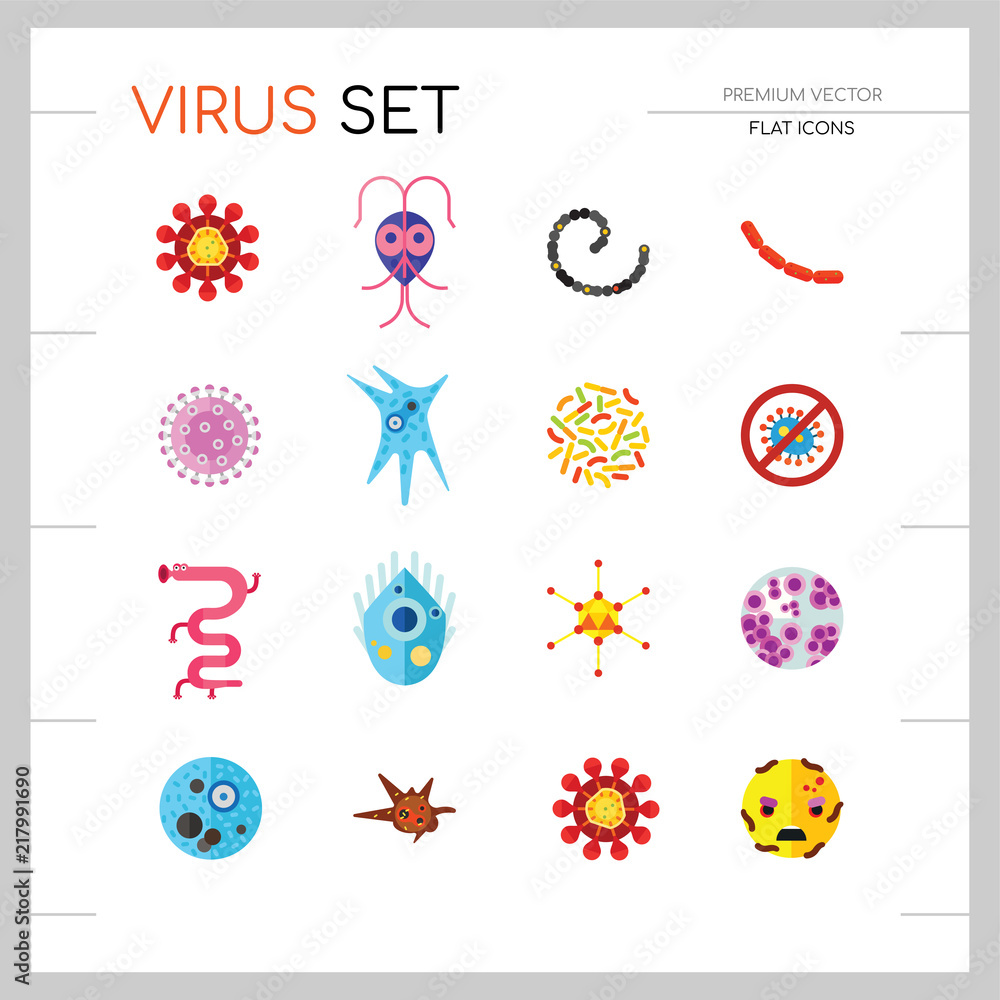 Virus icons set. Thirteen vector icons of influenza virus, coronavirus ...