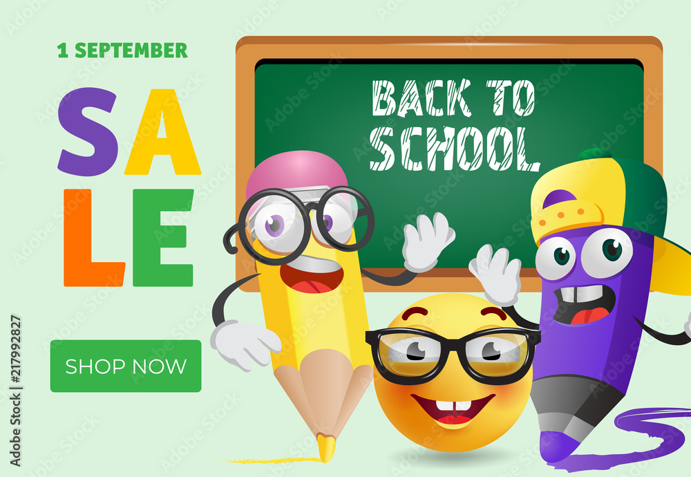 Back to school shop now banner design with cartoon pencils, cute ...