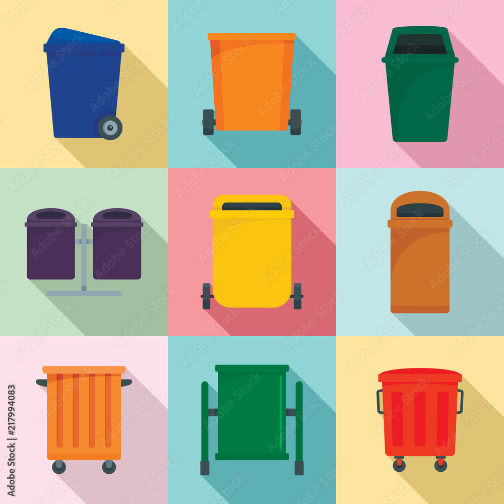 Separation recycle bin waste trash icons set. Flat illustration of 9 ...