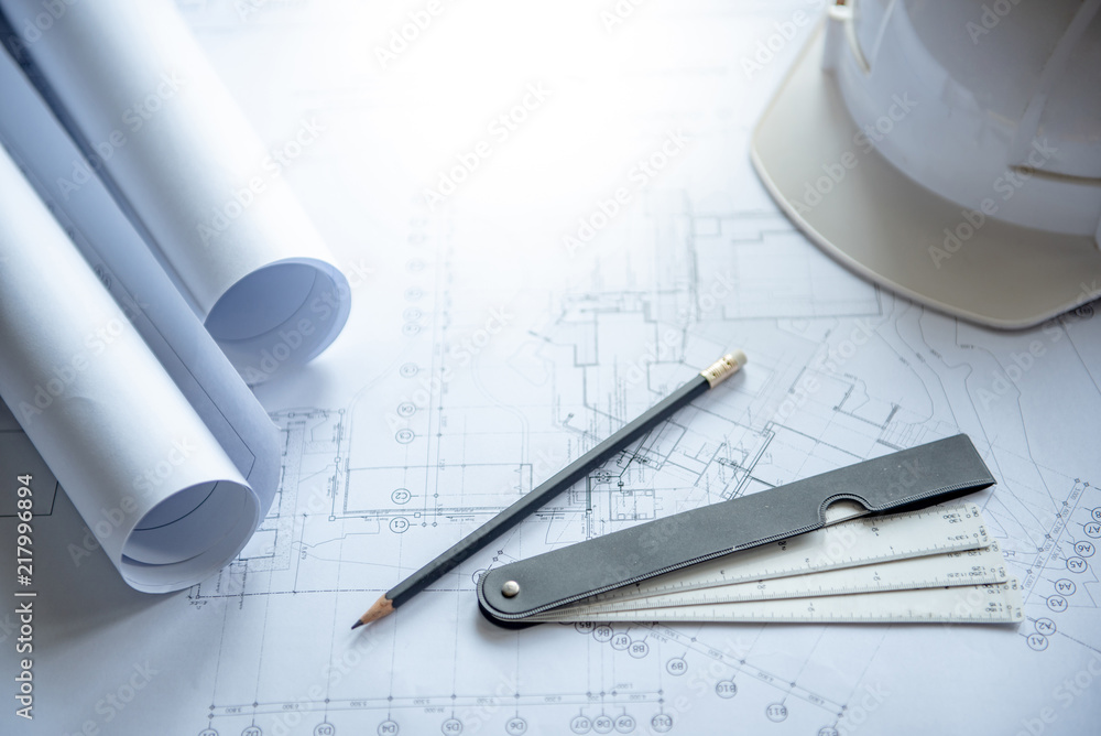 Scale and pencil on architectural drawing plan of house project ...