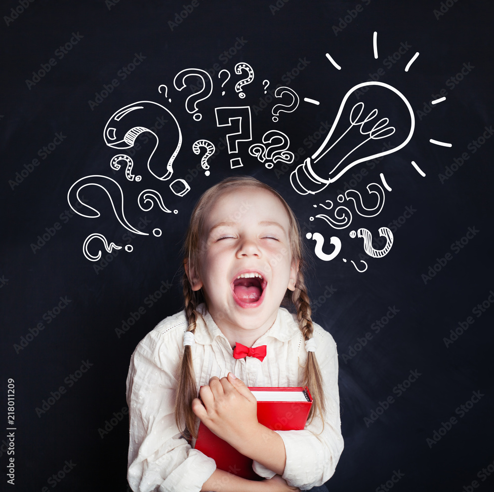 Little genius portrait. Kids education and ideas concept. Little girl ...