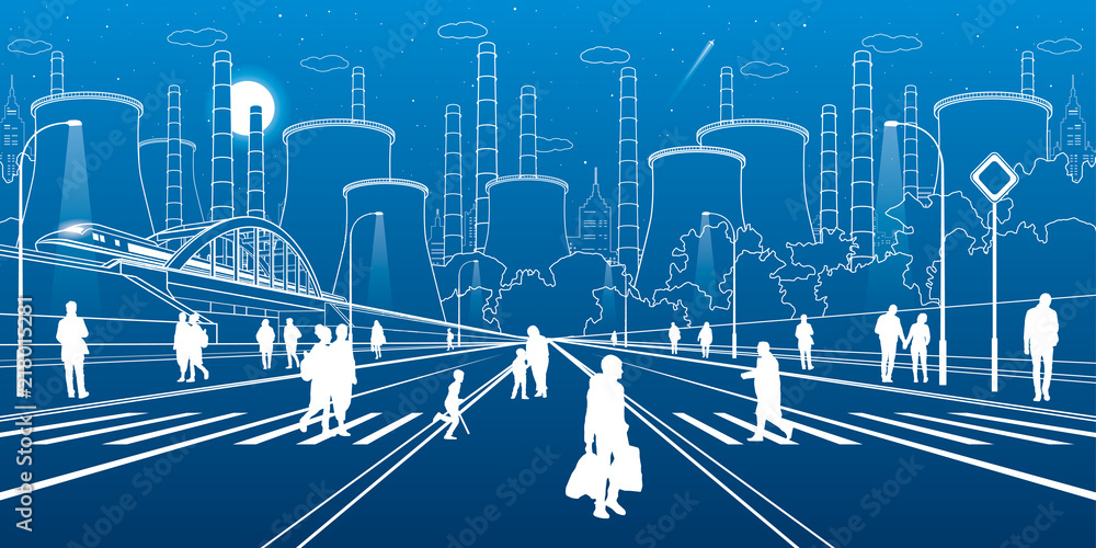 Urban infrastructure illustration. People walking at the street. Train ...
