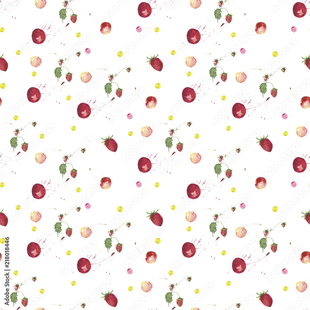 Cherry pattern/ Cherries repeat seamless pattern. Watercolor and ...