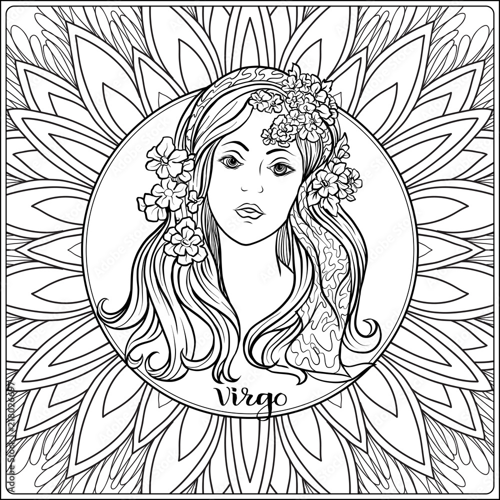 Virgo, women. Decorative zodiac sign on pattern background. Outline ...